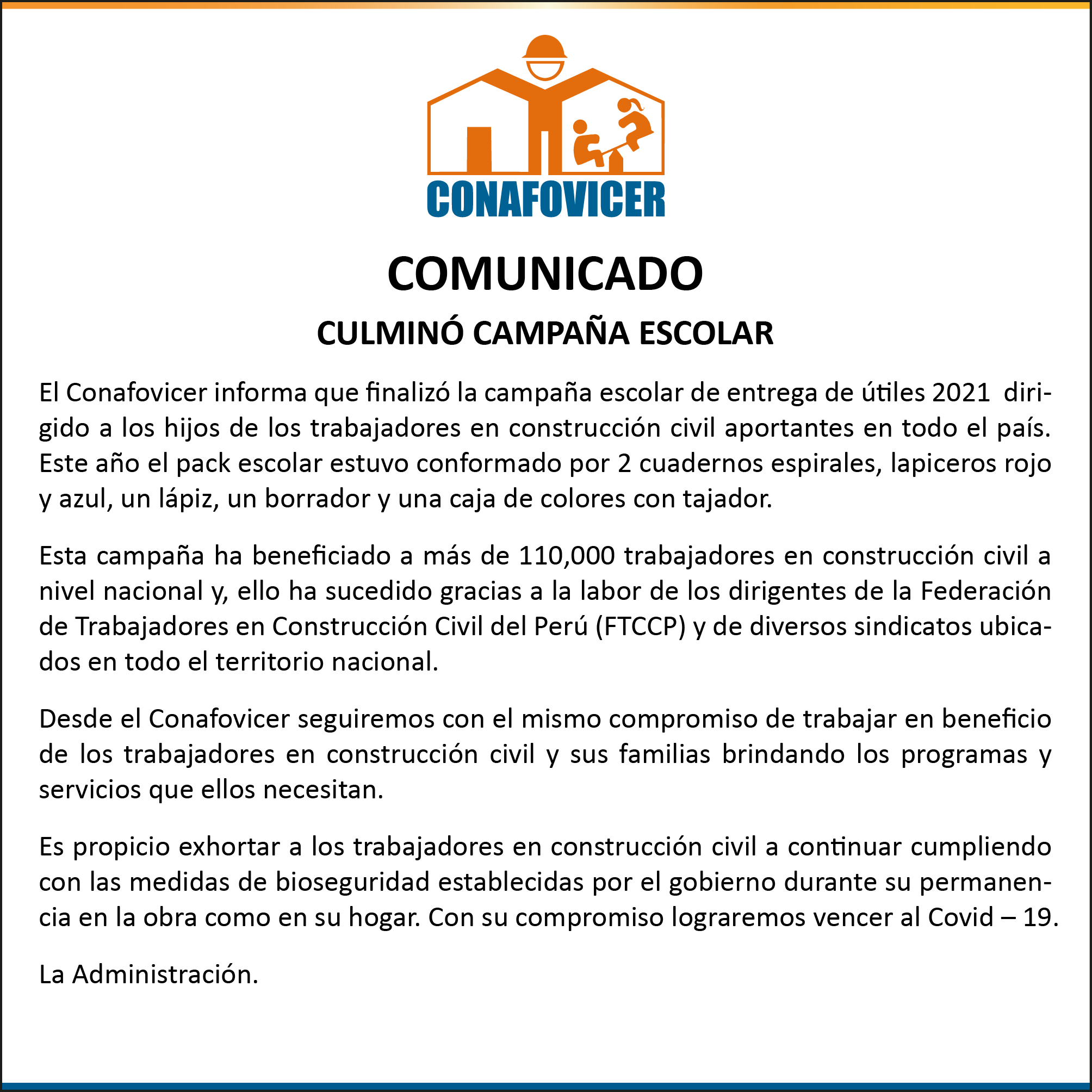 COMUNICADO: CULMINÓ CAMPAÑA ESCOLAR 2021